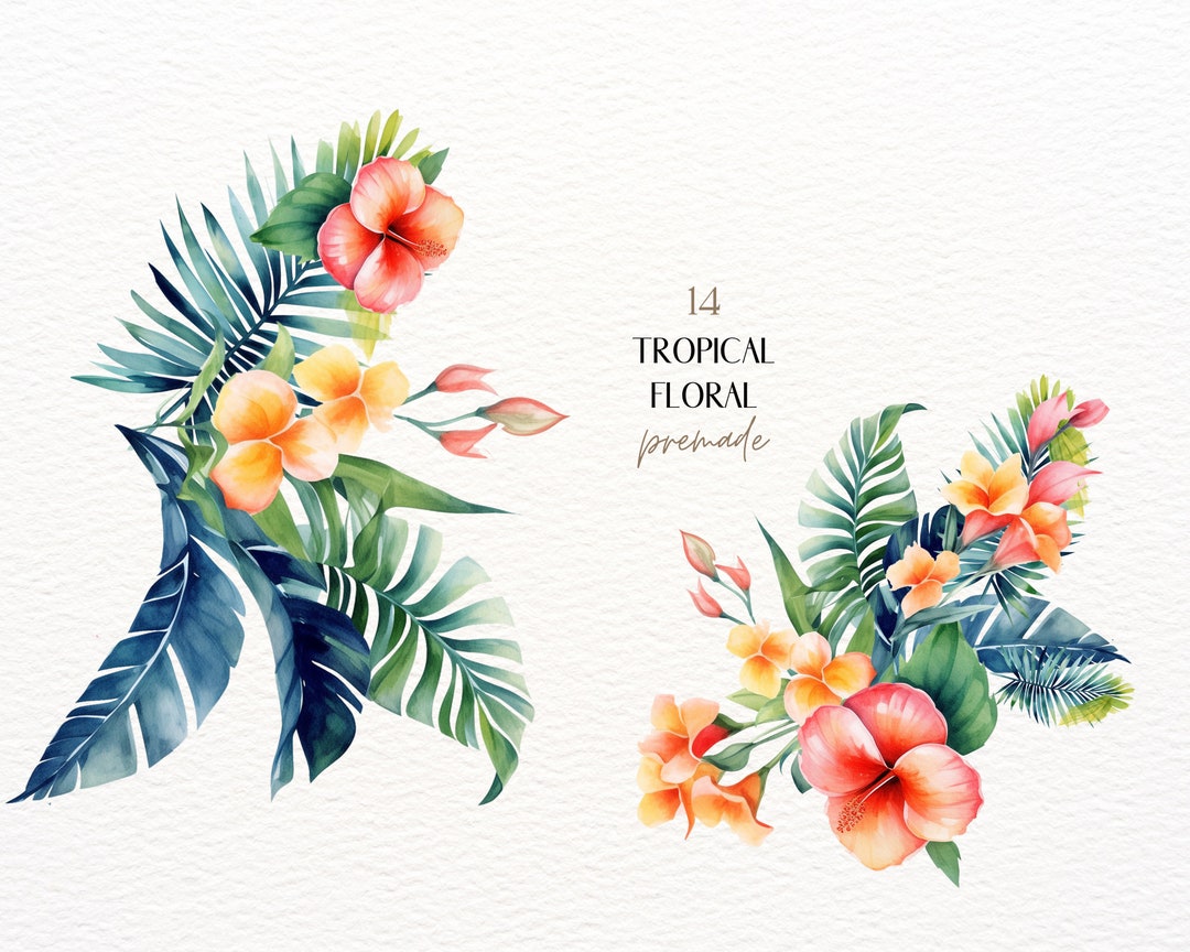Watercolor Tropical Floral Clipart, Summer Floral Tropical Elements ...