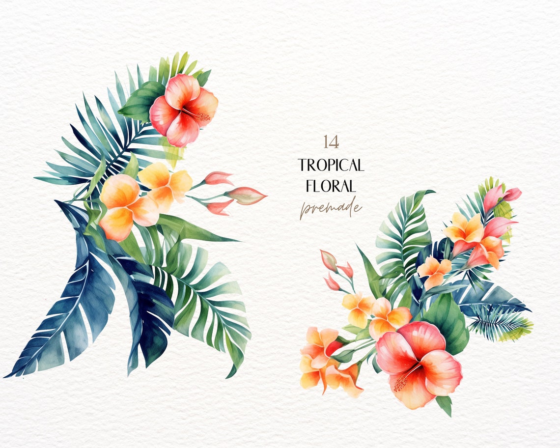 Watercolor Tropical Floral Clipart, Summer Floral Tropical Elements ...