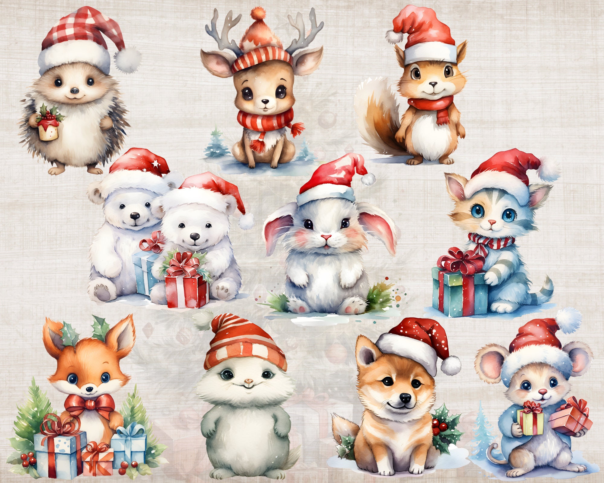 Watercolor Cute Christmas Animals Clipart, Forest Animal Christmas ...