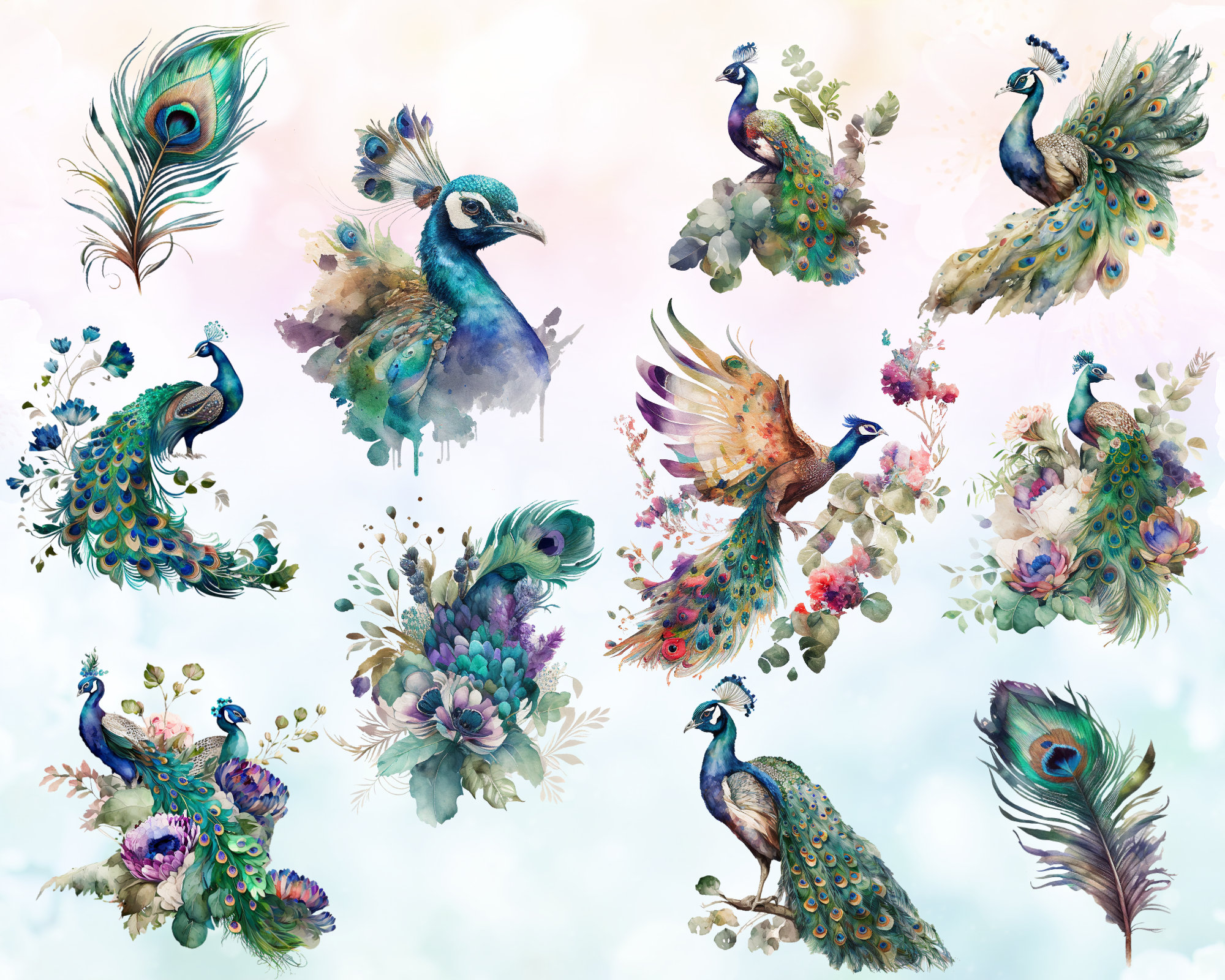 Watercolor Peacocks Clipart Bundle Watercolor Peacock - Etsy