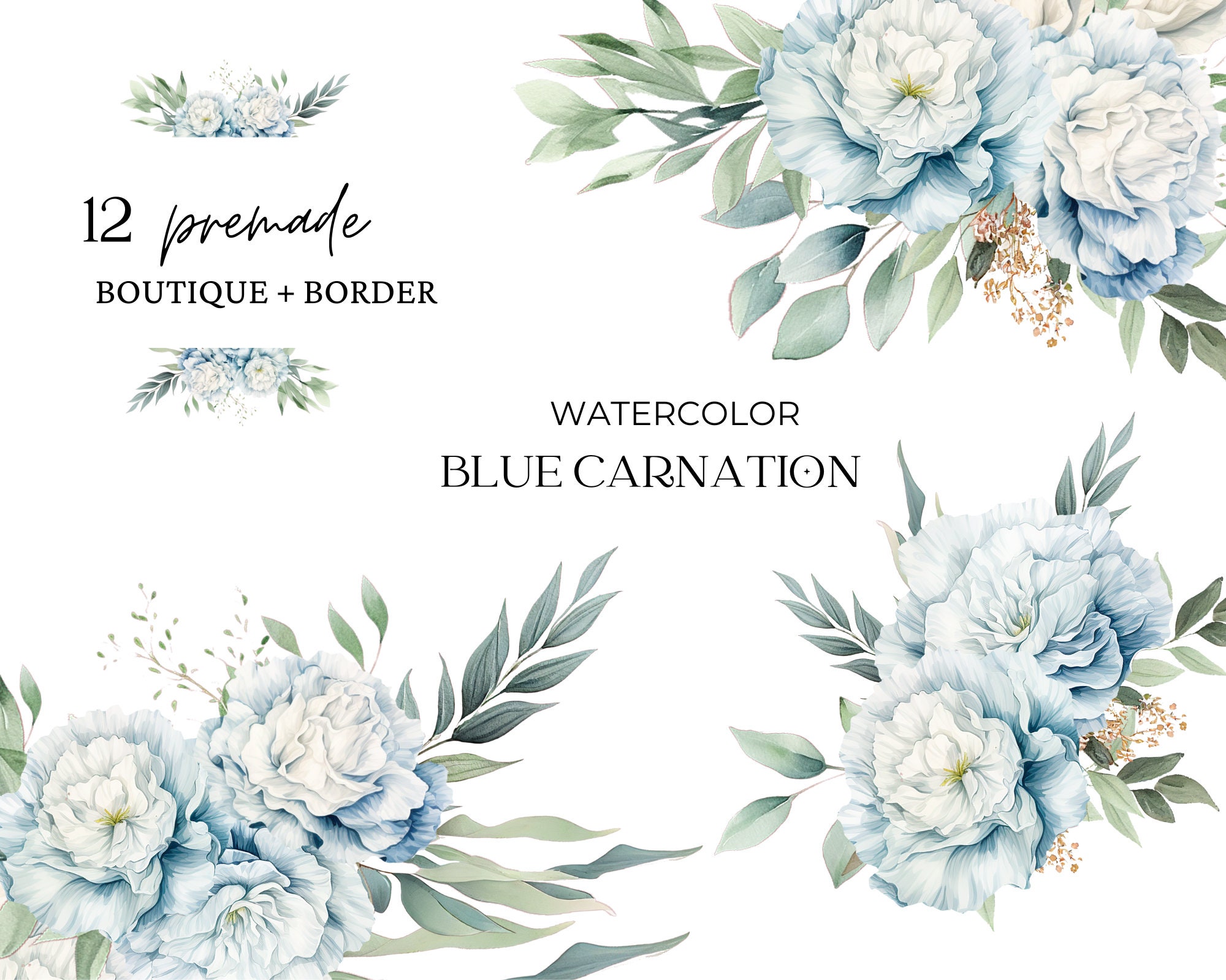 Watercolor Blue Carnation Clipart, Carnation Floral Clipart, Wedding ...