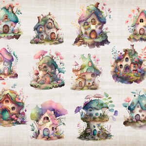 24 Watercolor Fairy House Clip Art Bundle, Cute Pastel Fairy House ...