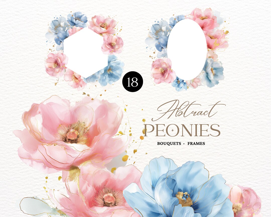 Watercolor Abstract Flowers Clipart Blue Pink Gold Flower PNG Peonies ...