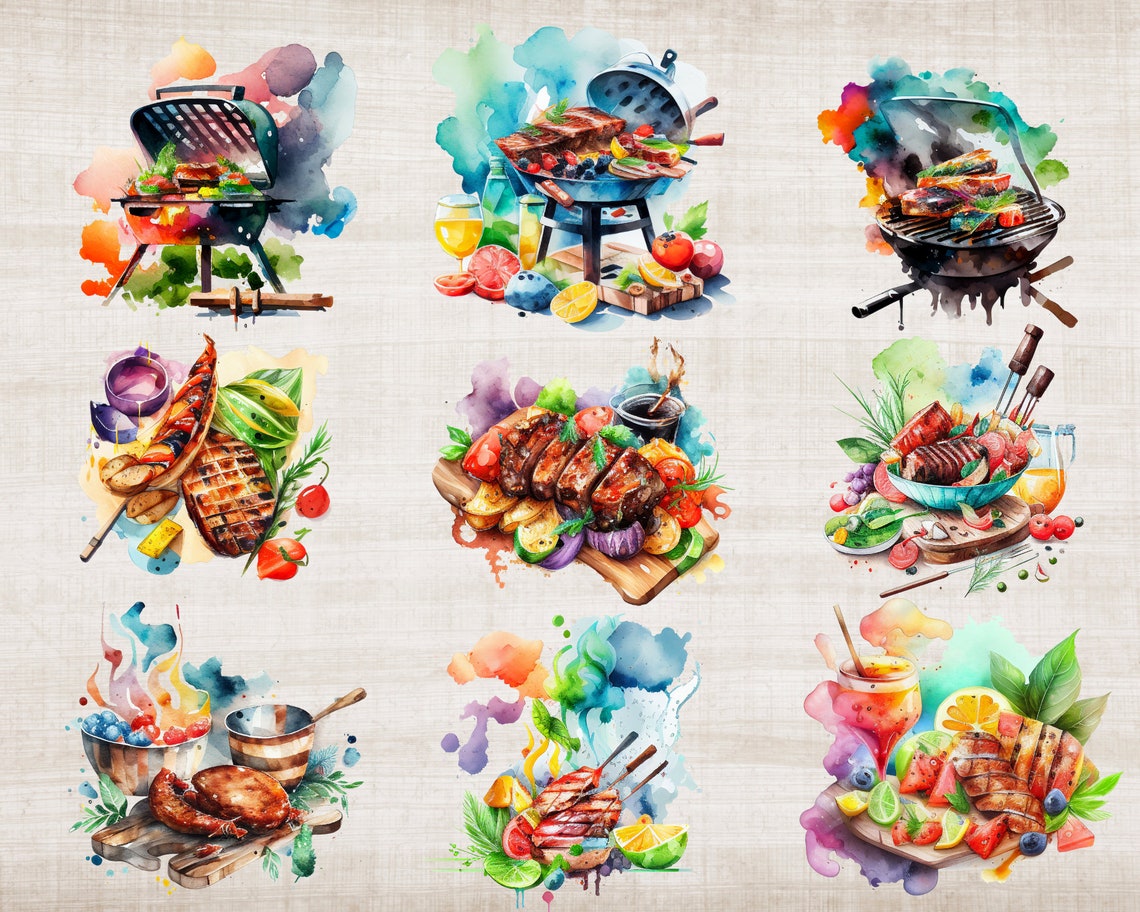Watercolor Barbecue Clip Art BBQ Party Set Watercolor - Etsy Canada