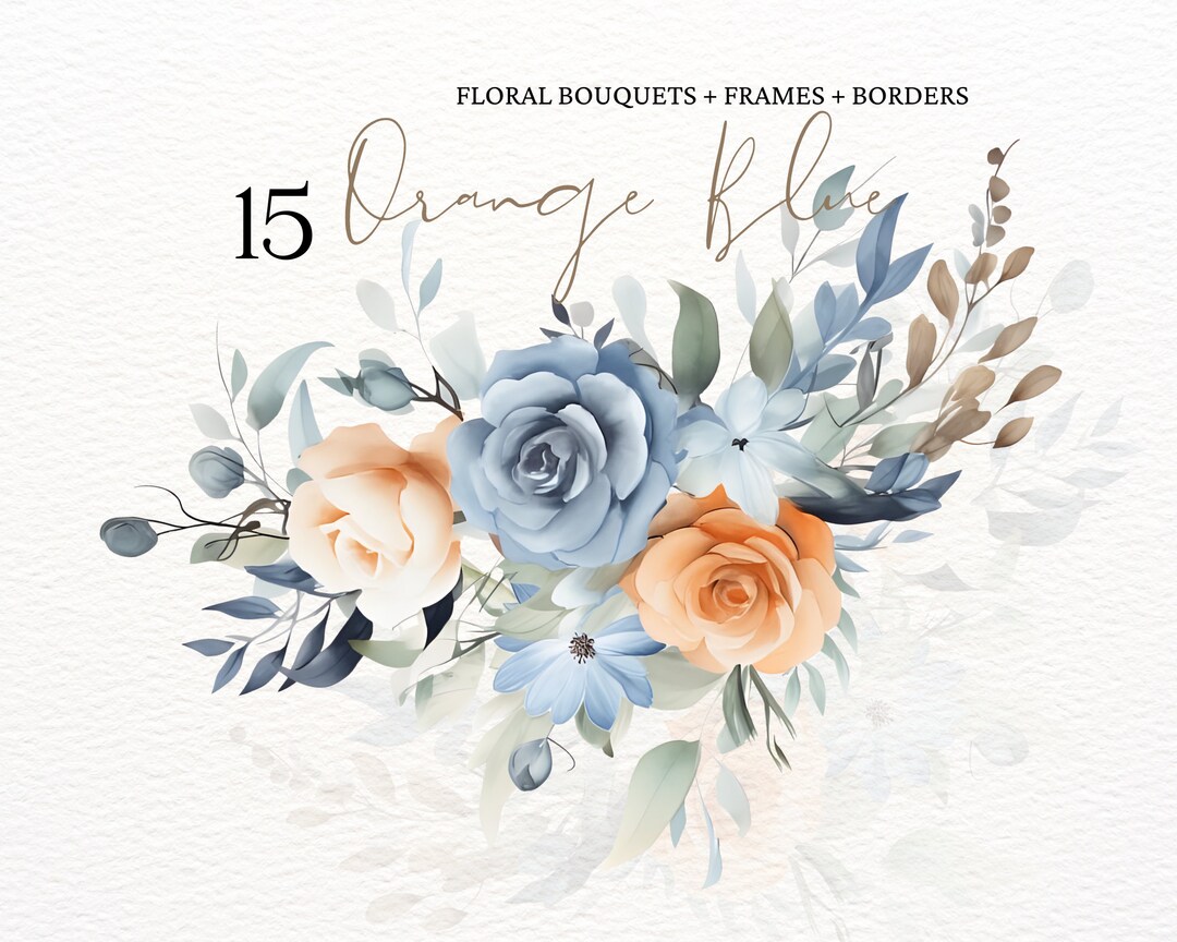 Watercolor Boho Flowers Clipart, Orange & Blue Floral Clipart, Bohemian ...