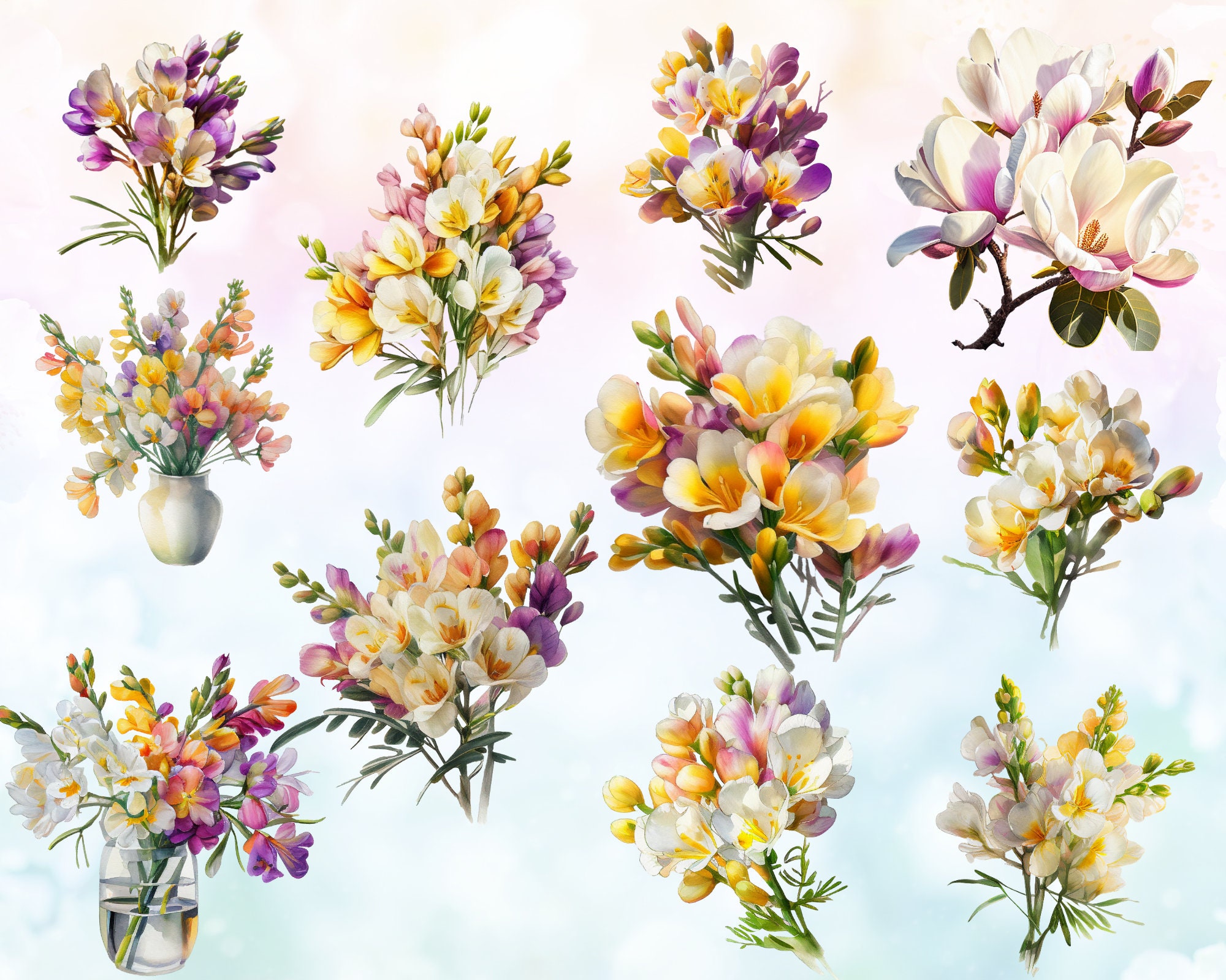 Watercolor Freesia Clipart PNG, Freesia Flowers Bouquets Clipart ...