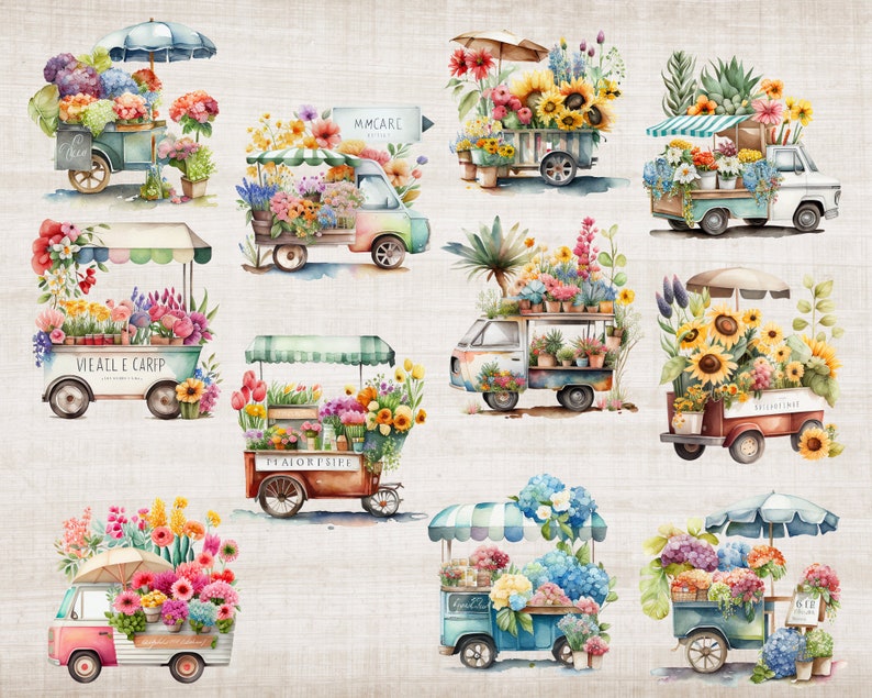 20 Watercolor Flower Carts Clipart Bundle, Spring Florist Cart ...