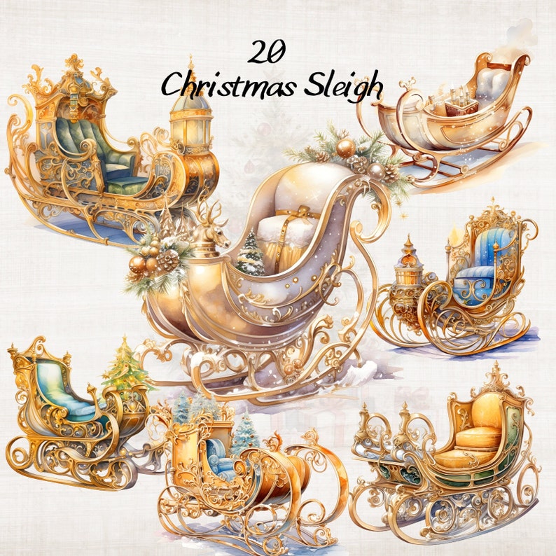 Watercolor Christmas Sleigh Clipart, Christmas Clipart, Gold Santa ...