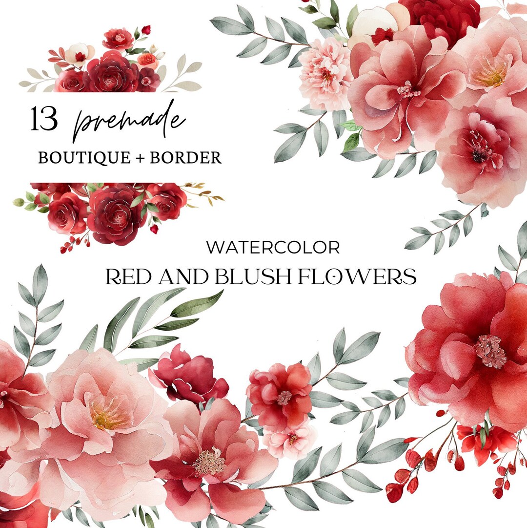 Watercolor Red and Blush Flowers Clipart, Red Floral Clipart, Red ...