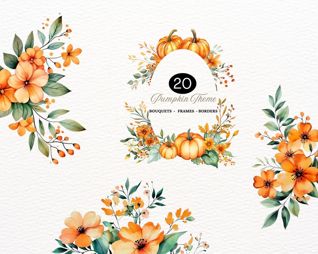 Pumpkins and Flowers Watercolor Autumn Clipart Autumn Bouquets Fall ...