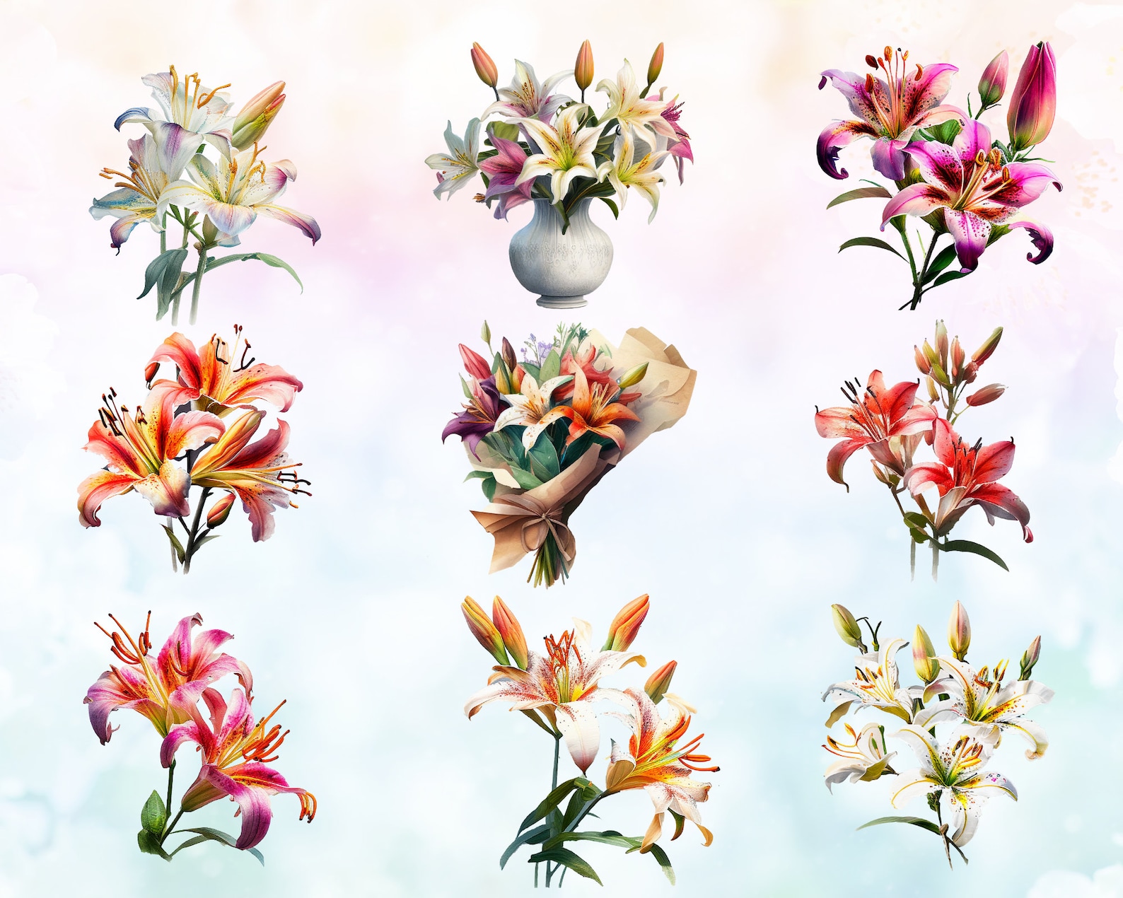 Watercolor Pink Tiger Lily Clipart Bundle, Orange Flower Lily PNG ...