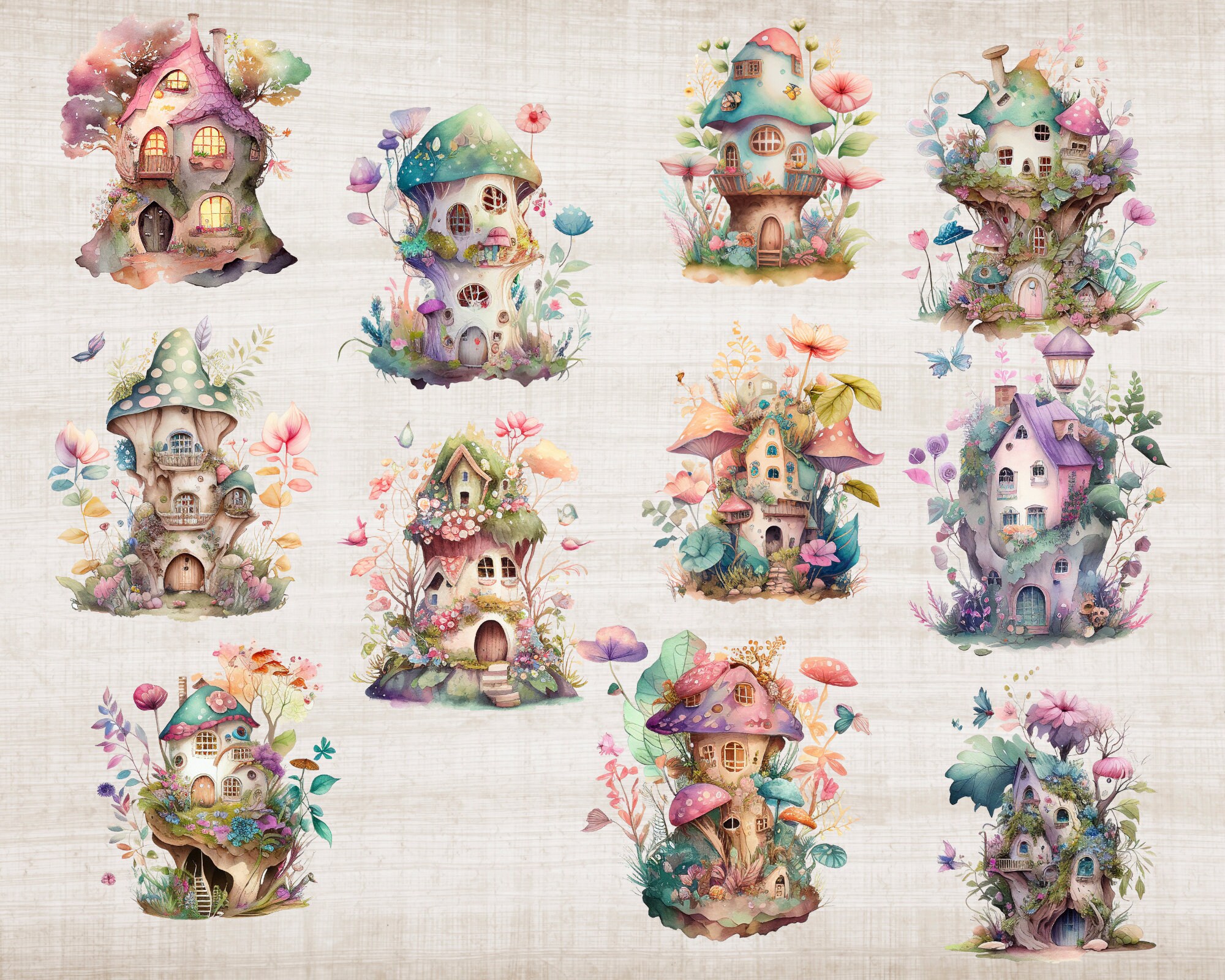 24 Watercolor Fairy House Clip Art Bundle, Cute Pastel Fairy House ...