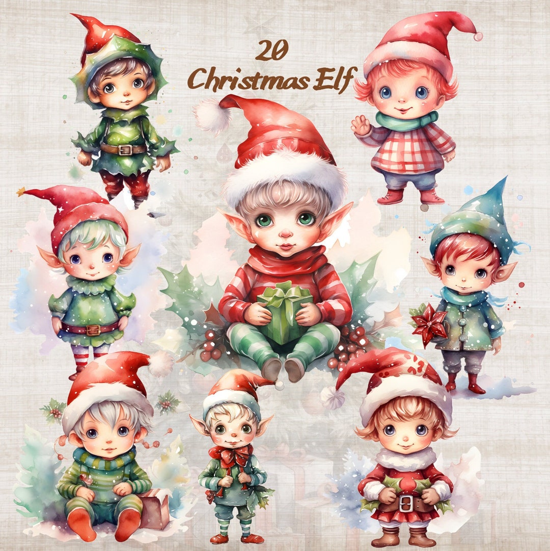 Watercolor Cute Christmas Elves Clipart, Watercolor Christmas Elf Santa ...