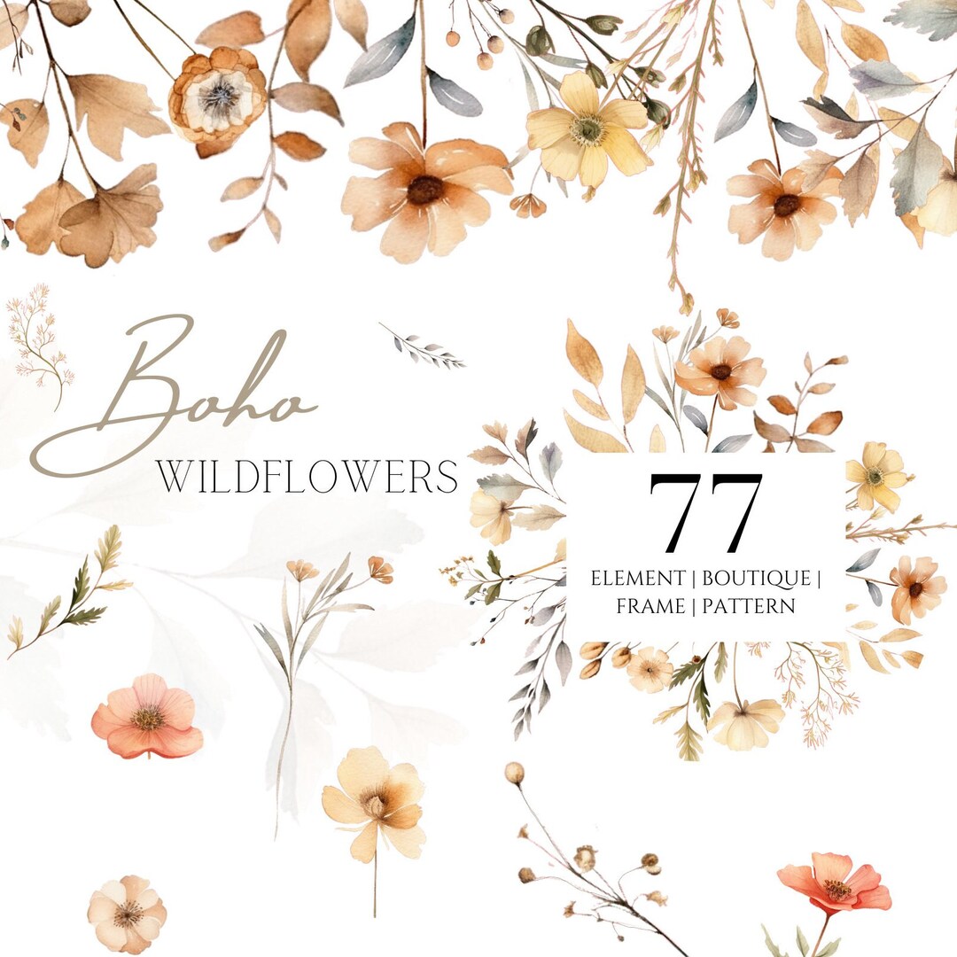 Watercolor Boho Wild Flowers Clipart, Floral Borders, Wild Floral ...