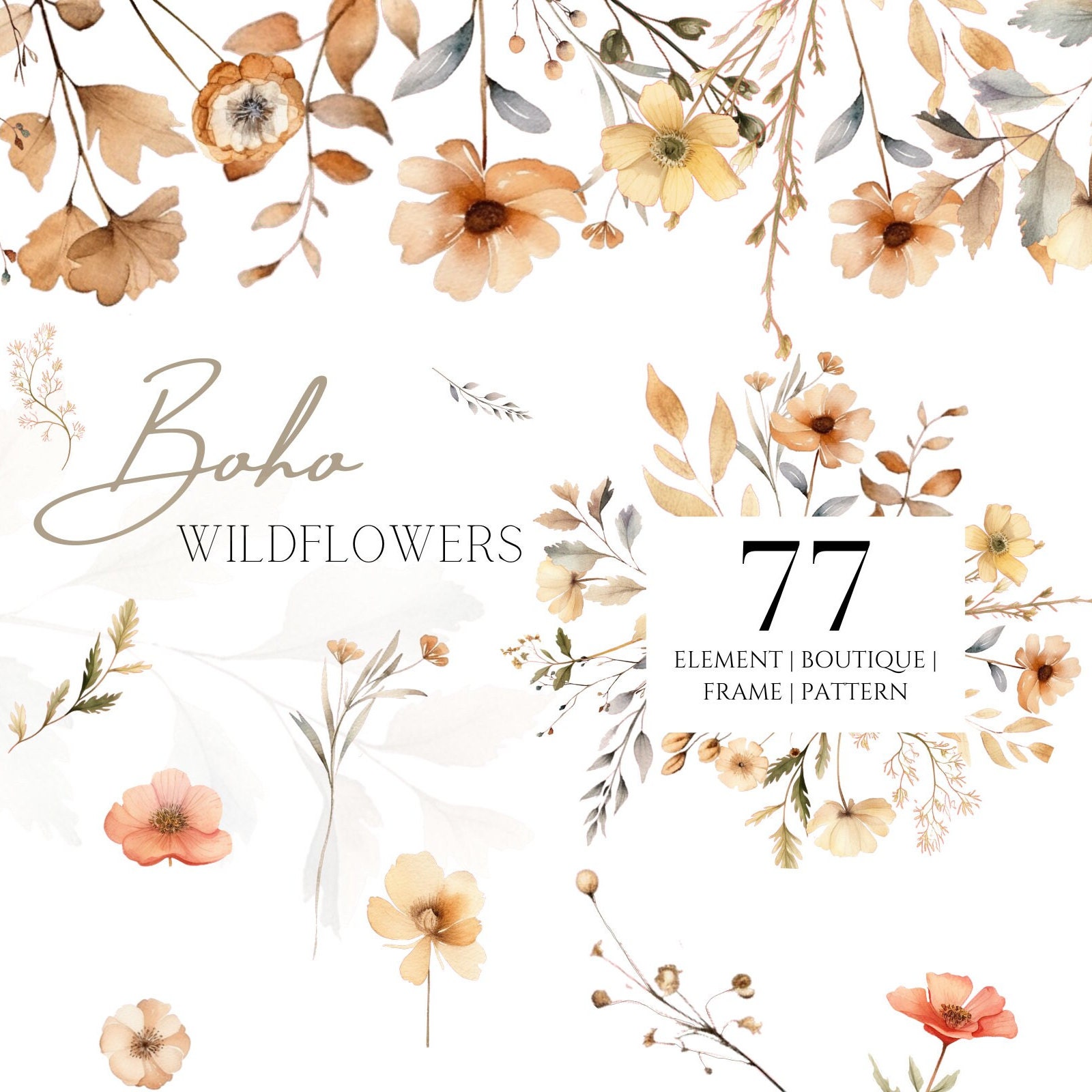 Watercolor Boho Wild Flowers Clipart Floral Borders Wild - Etsy