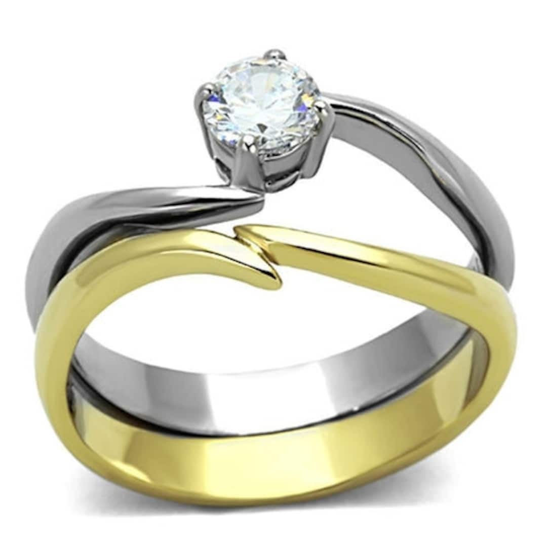 TK1092 - Two-tone IP Gold (ion Plating) Stainless Steel Ring With AAA ...
