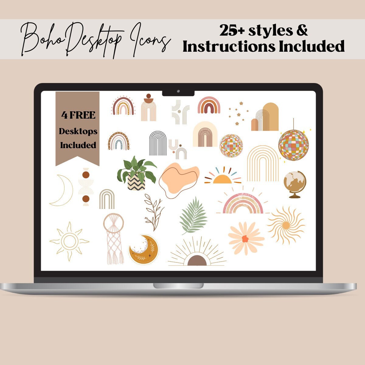 BOHO Desktop Folder Icons With 4 Free Wallpaper Organizers for MAC and ...