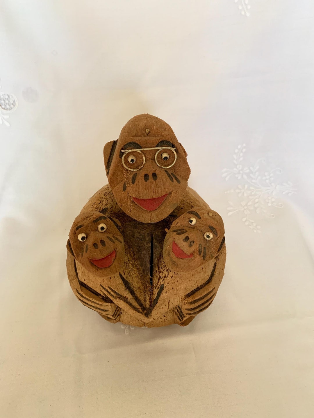 Carved, Handmade, Vintage, Happy Coconut Monkey Bank With Eyeglasses ...