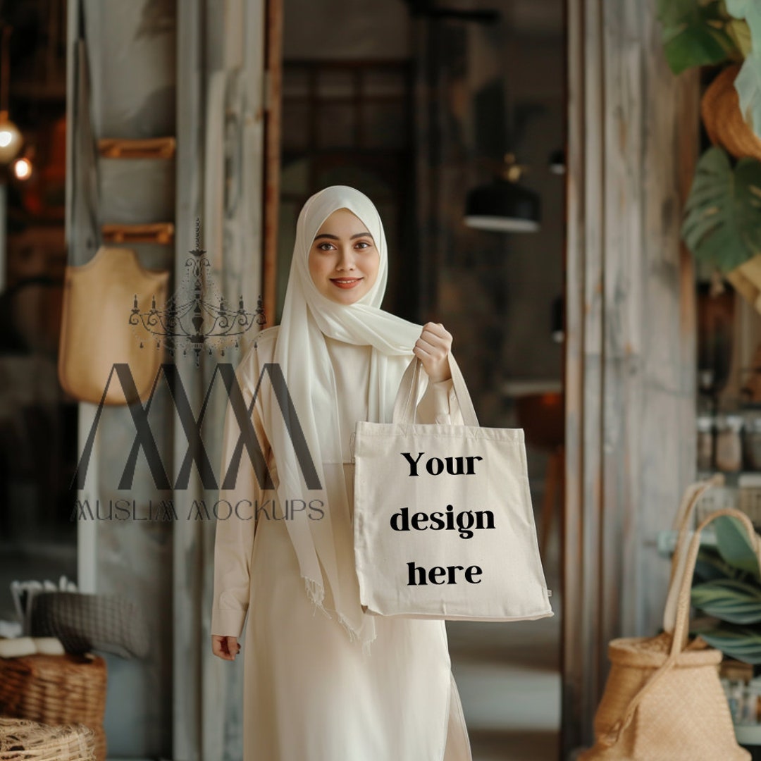 Hijabi Muslim Mockup Beige Canvas Tote Aesthetic Minimalist Modest ...