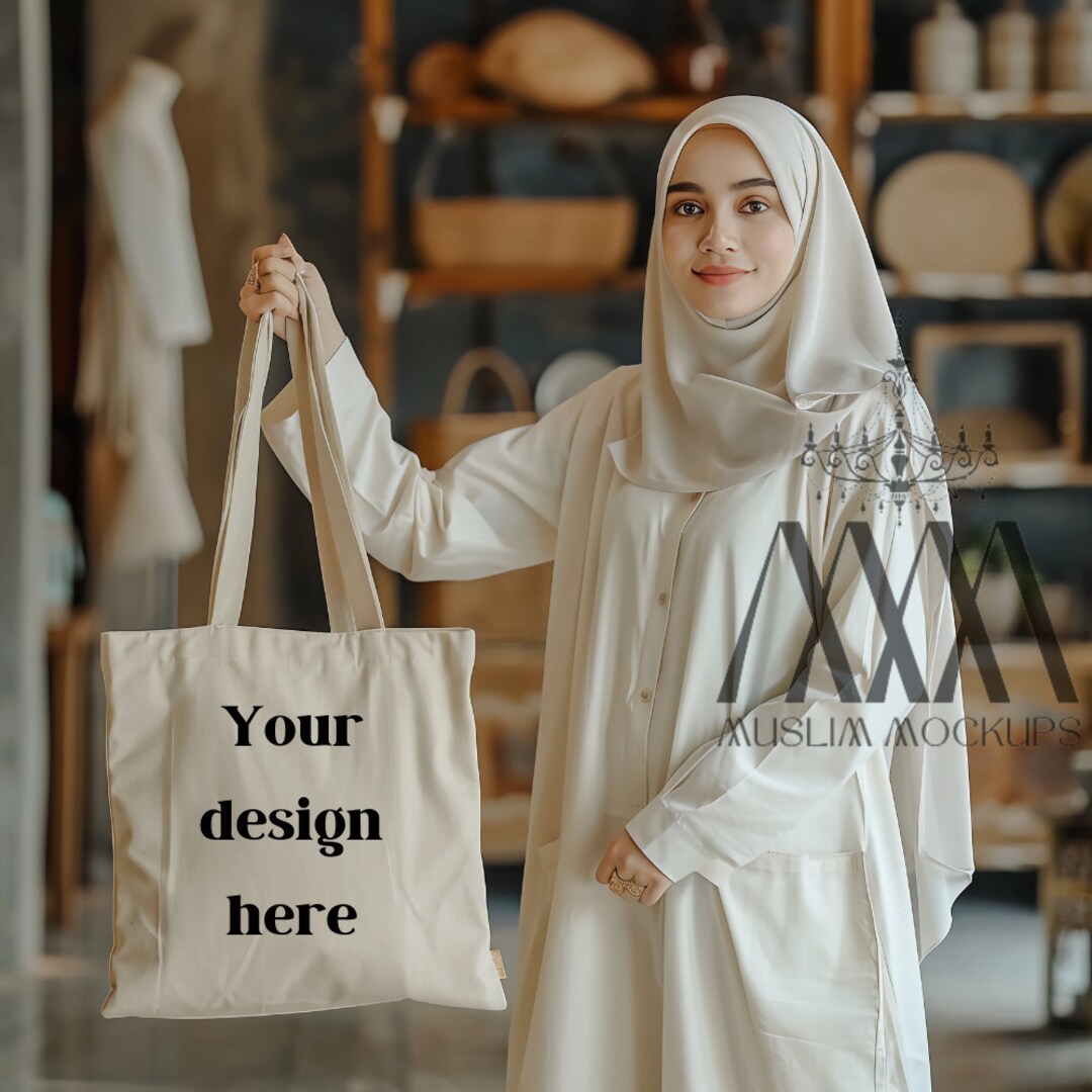 Hijabi Muslim Mockup Beige Canvas Tote Aesthetic Minimalist Modest ...