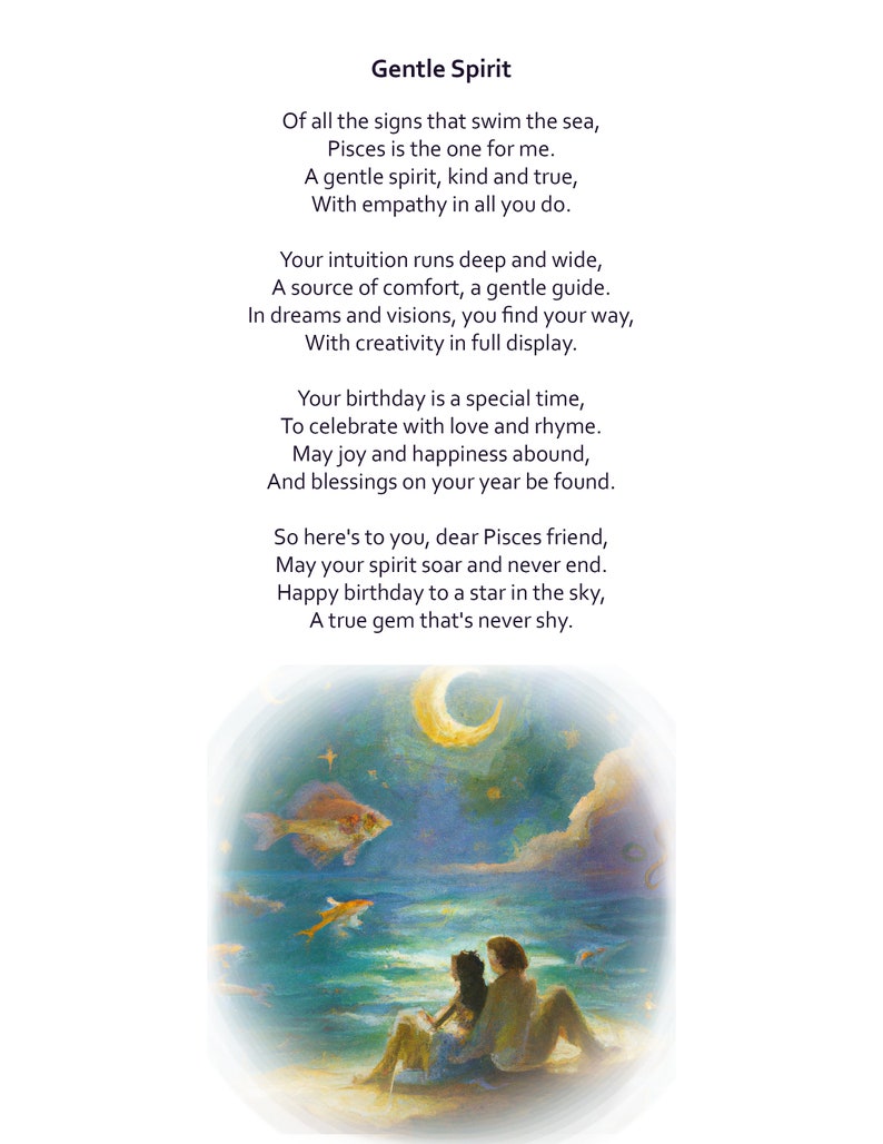 Gentle Spirit Pisces Poem & Digital Art Work Gift to a Lover Letter A4 ...