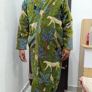 Green Jungle Print Velvet Kimono Robes, Morning Tea Velvet Coat ...