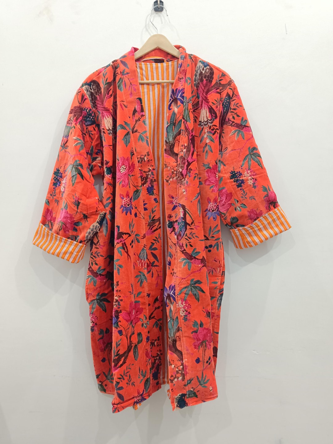 Bird Print Velvet Kimono Robes, Orange Color Morning Tea Velvet Coat ...