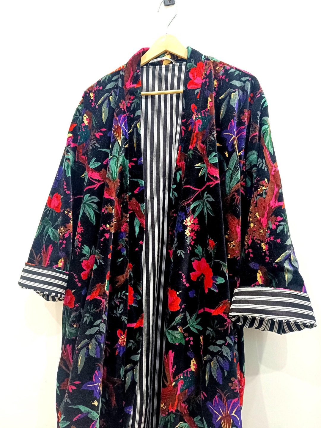 Green Jungle Print Velvet Kimono Robes, Morning Tea Velvet Coat ...