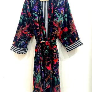Green Jungle Print Velvet Kimono Robes, Morning Tea Velvet Coat ...