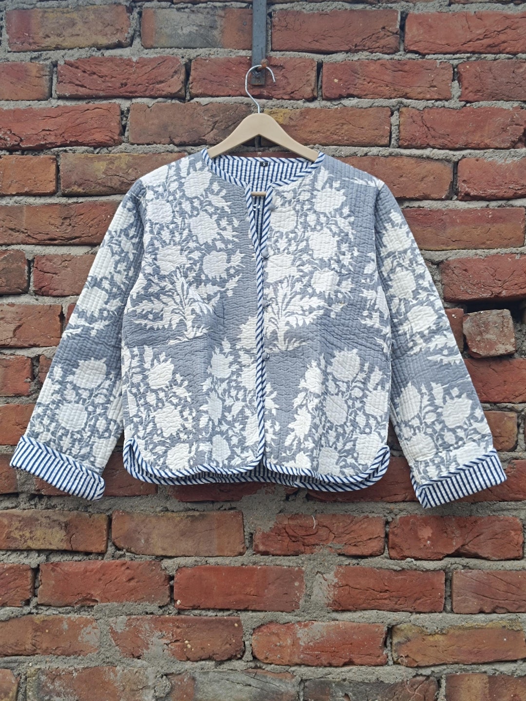 Cotton Quilted Jacket Women Wear Front Open Kimono Stripe Piping ...