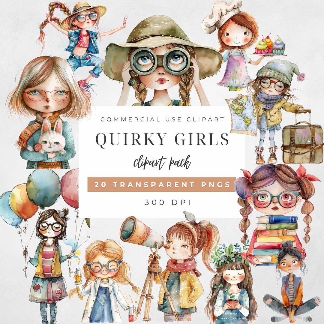 Quirky Girls Clipart Watercolor PNG Bundle Set Cute Whimsical Girl ...