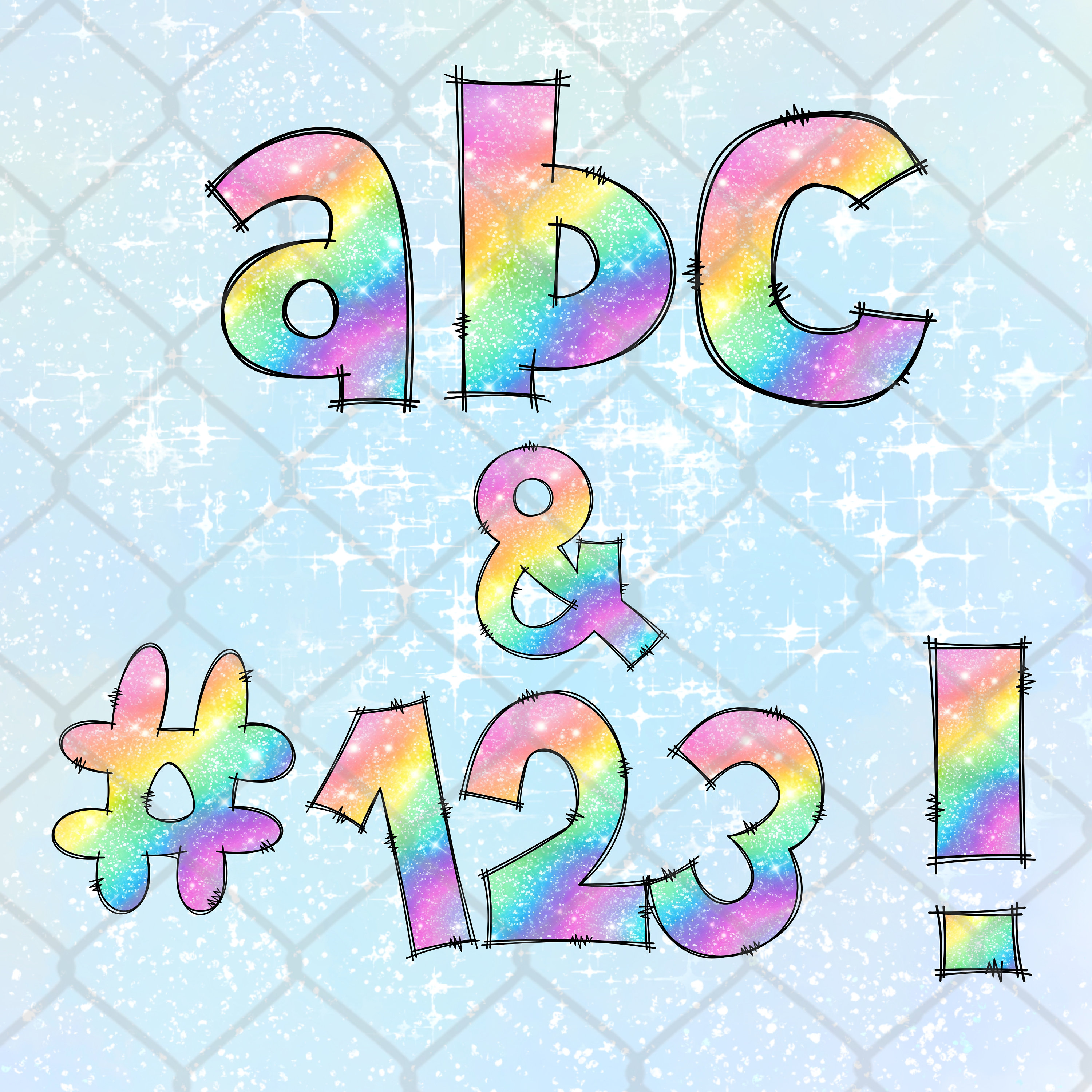 Rainbow Glitter Sparkle Doodle Alphabet Letters Numbers Symbols Glitter ...
