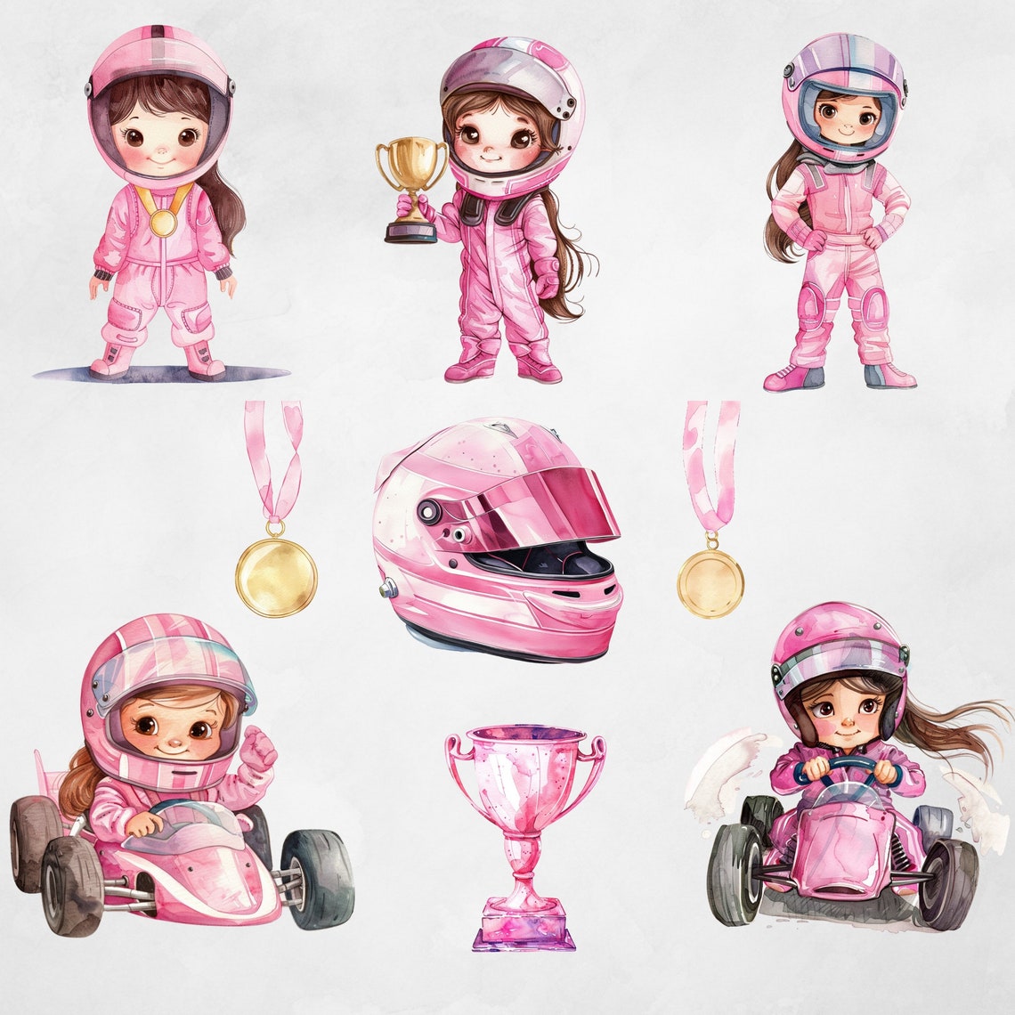 Pink Race Car Watercolor Clipart PNG Bundle Set Nursery Boy Girl Shower ...