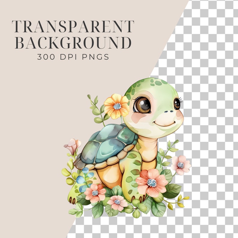 Baby Turtle With Flowers Clipart Watercolor PNG Cute Ocean Animal ...