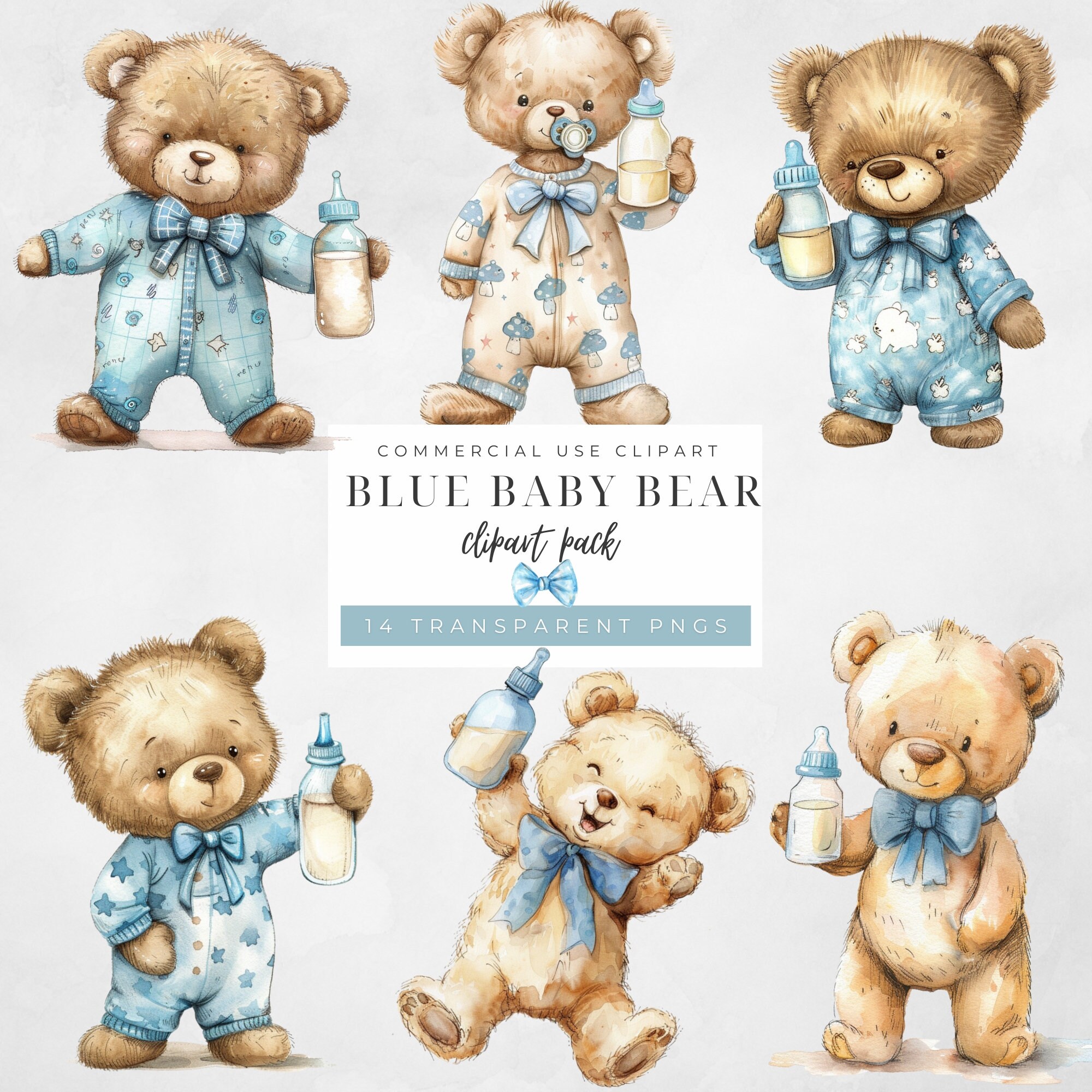 Blue Baby Bottle Bear Watercolor PNG Bundle Set Pacifier Transparent ...