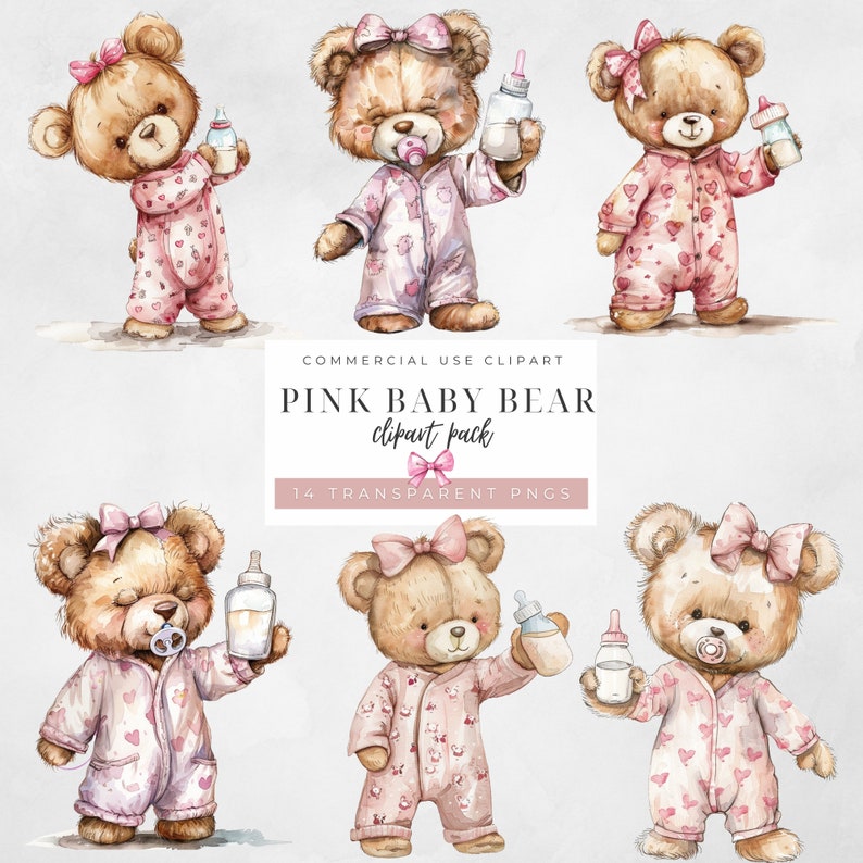 Pink Baby Bottle Bear Watercolor PNG Bundle Set Pacifier Transparent ...
