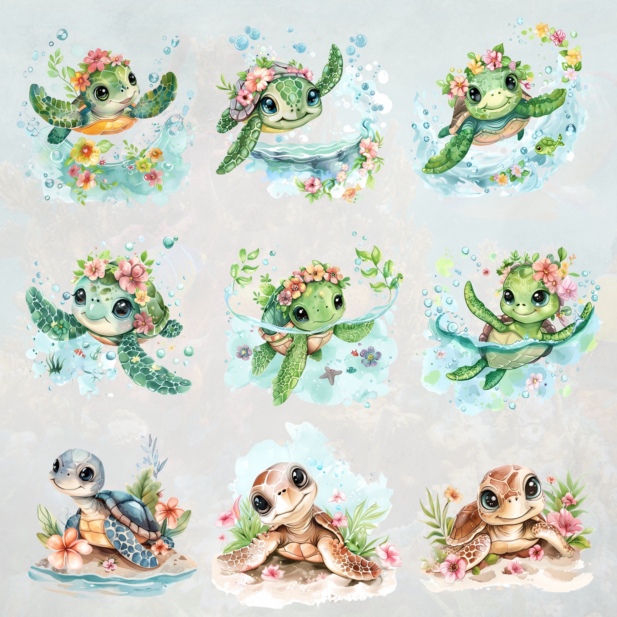Baby Turtle With Flowers Clipart Watercolor PNG Cute Ocean Animal ...