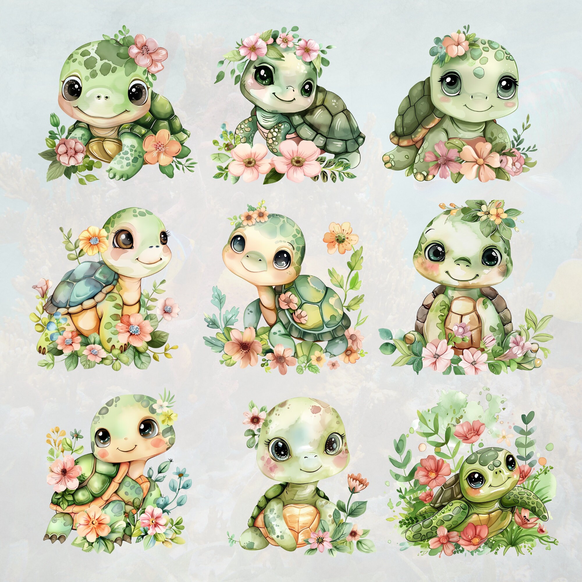 Baby Turtle With Flowers Clipart Watercolor PNG Cute Ocean Animal ...