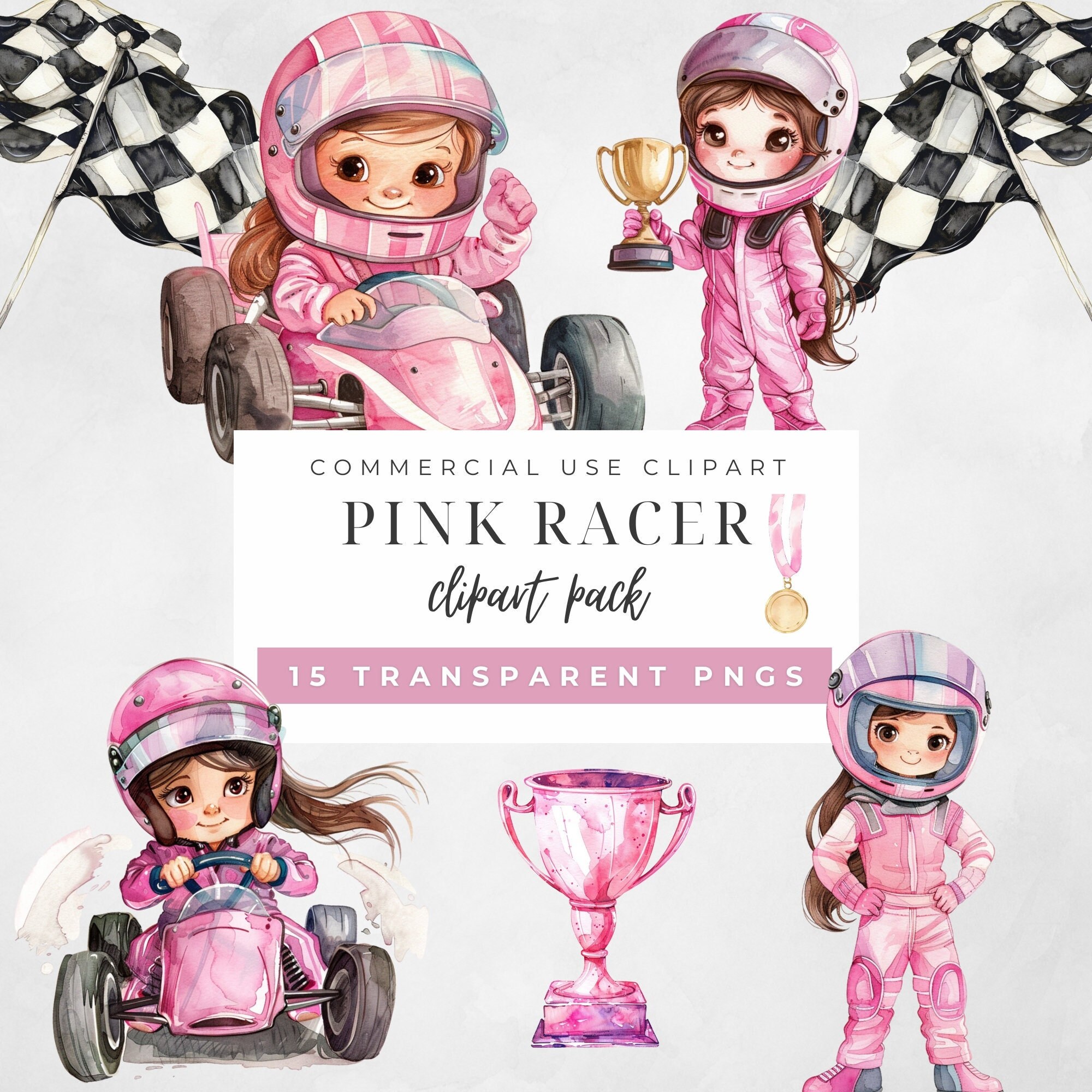 Pink Race Car Watercolor Clipart PNG Bundle Set Nursery Boy Girl Shower ...
