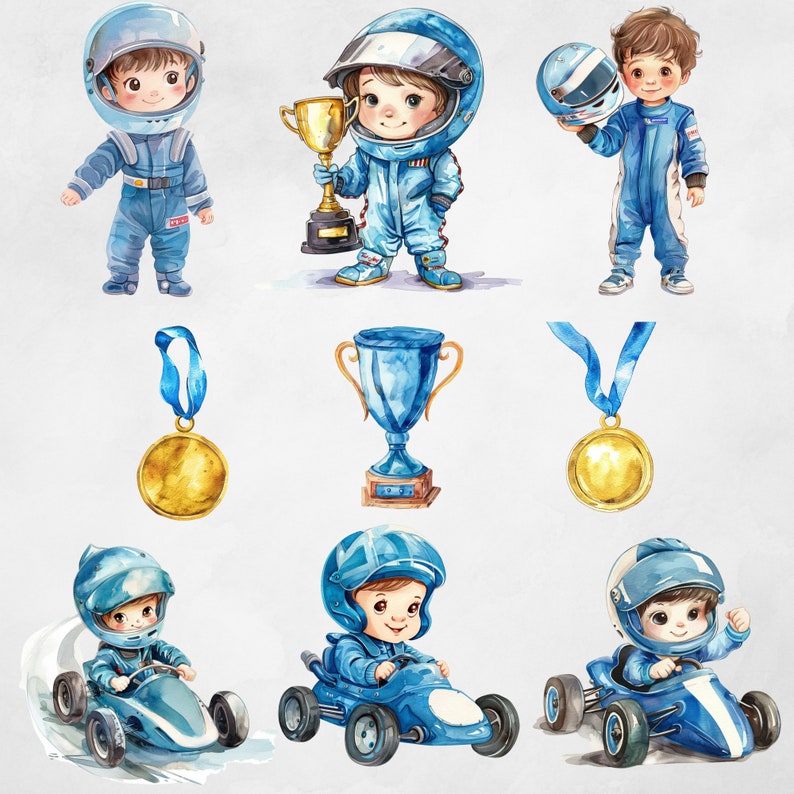 Blue Race Car Watercolor Clipart PNG Bundle Set Nursery Boy Baby Shower ...