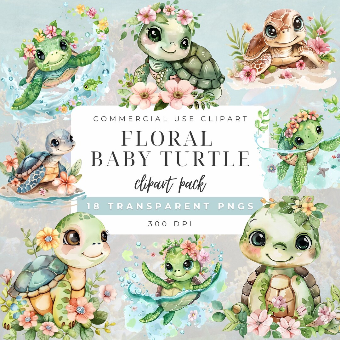 Baby Turtle With Flowers Clipart Watercolor PNG Cute Ocean Animal ...