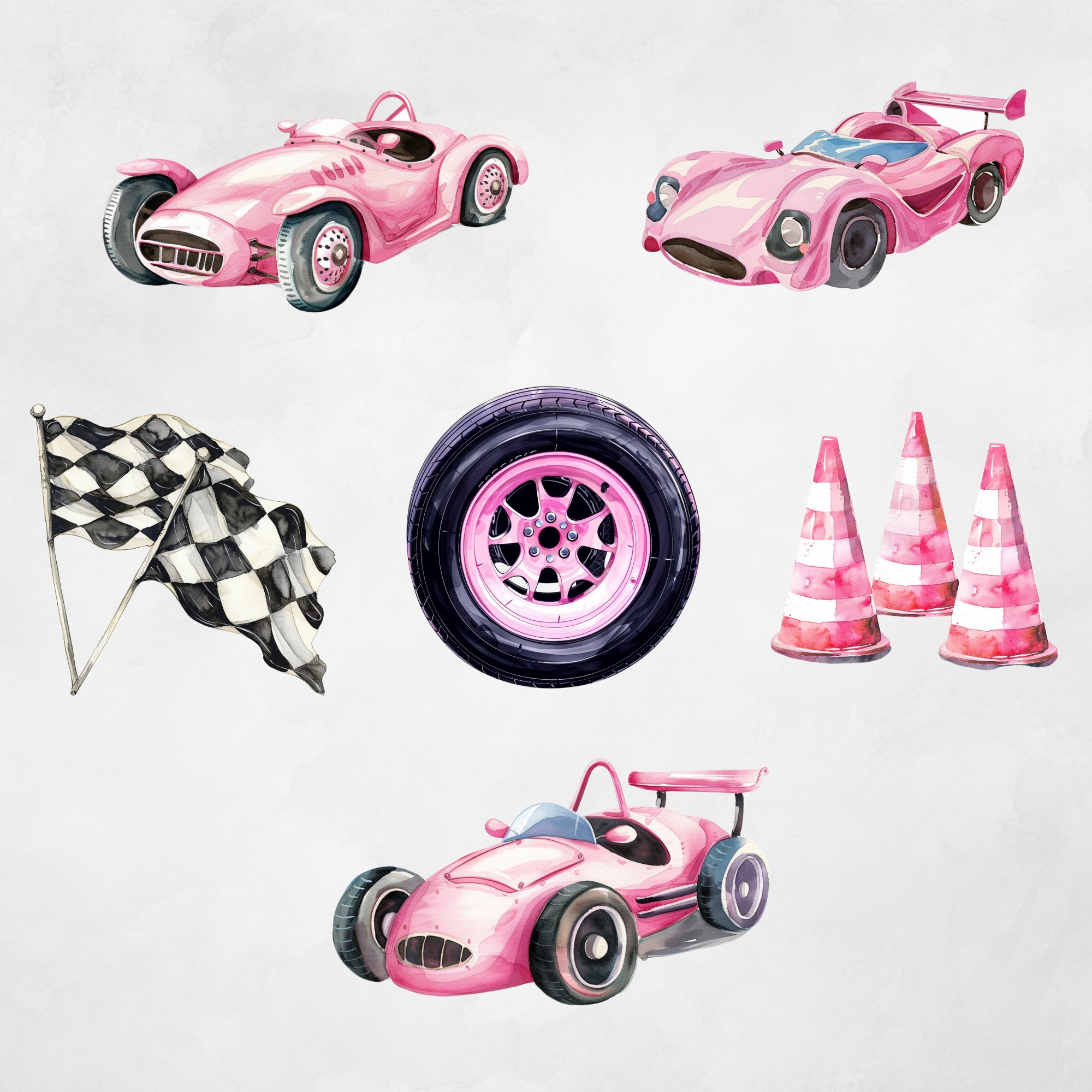 Pink Race Car Watercolor Clipart PNG Bundle Set Nursery Boy Girl Shower ...