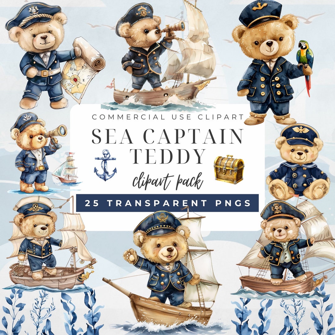 Cute Sailor Teddy Bear Clipart, Sea Captain Watercolor PNG, Baby Bear ...