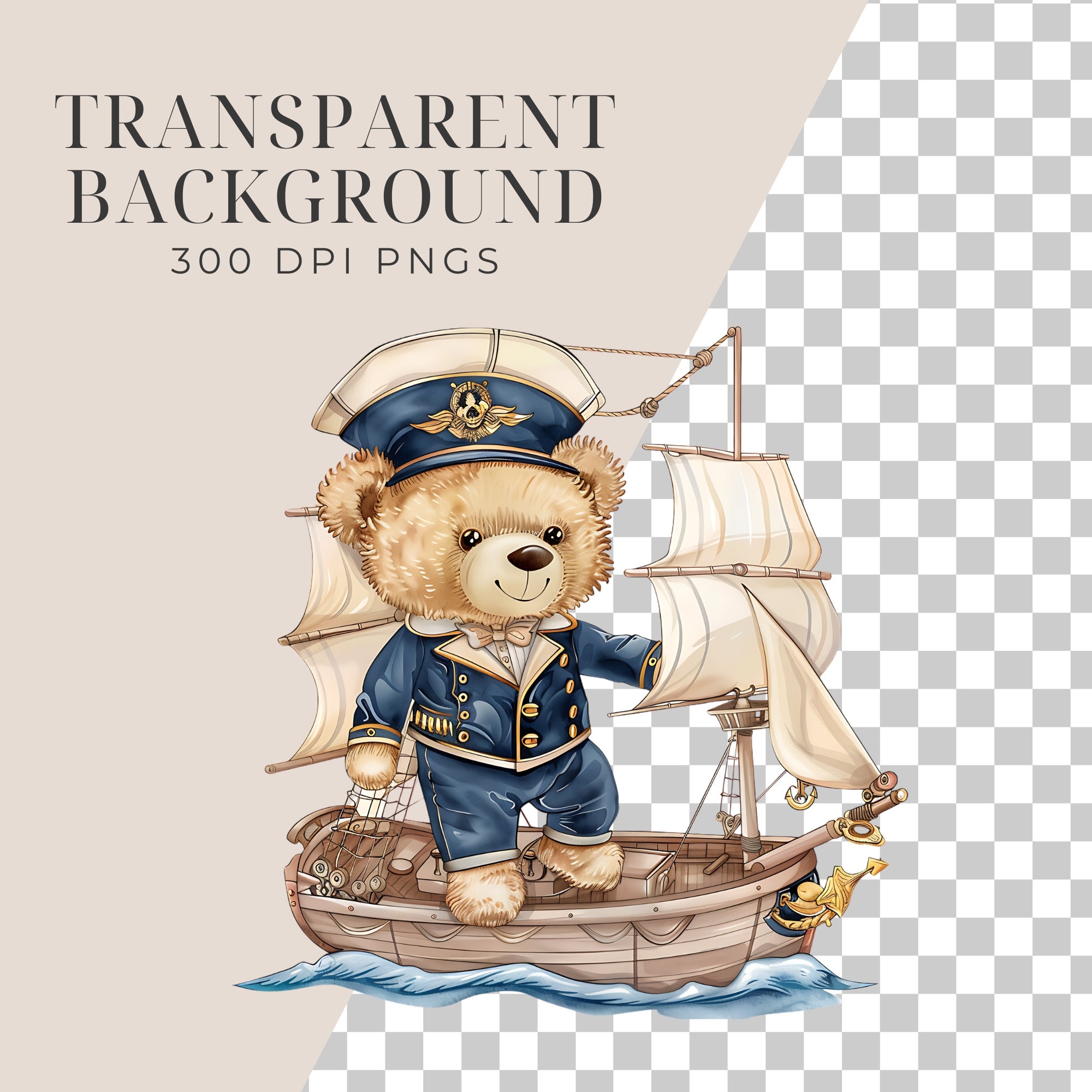 Cute Sailor Teddy Bear Clipart, Sea Captain Watercolor PNG, Baby Bear ...