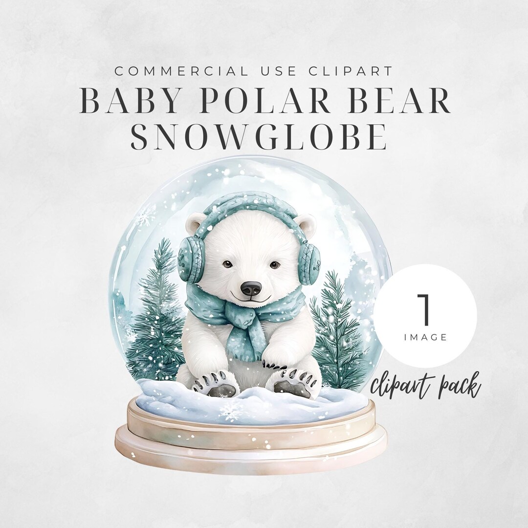 Baby Polar Bear Snow Globe Clipart Watercolor Winter Graphics Holiday ...