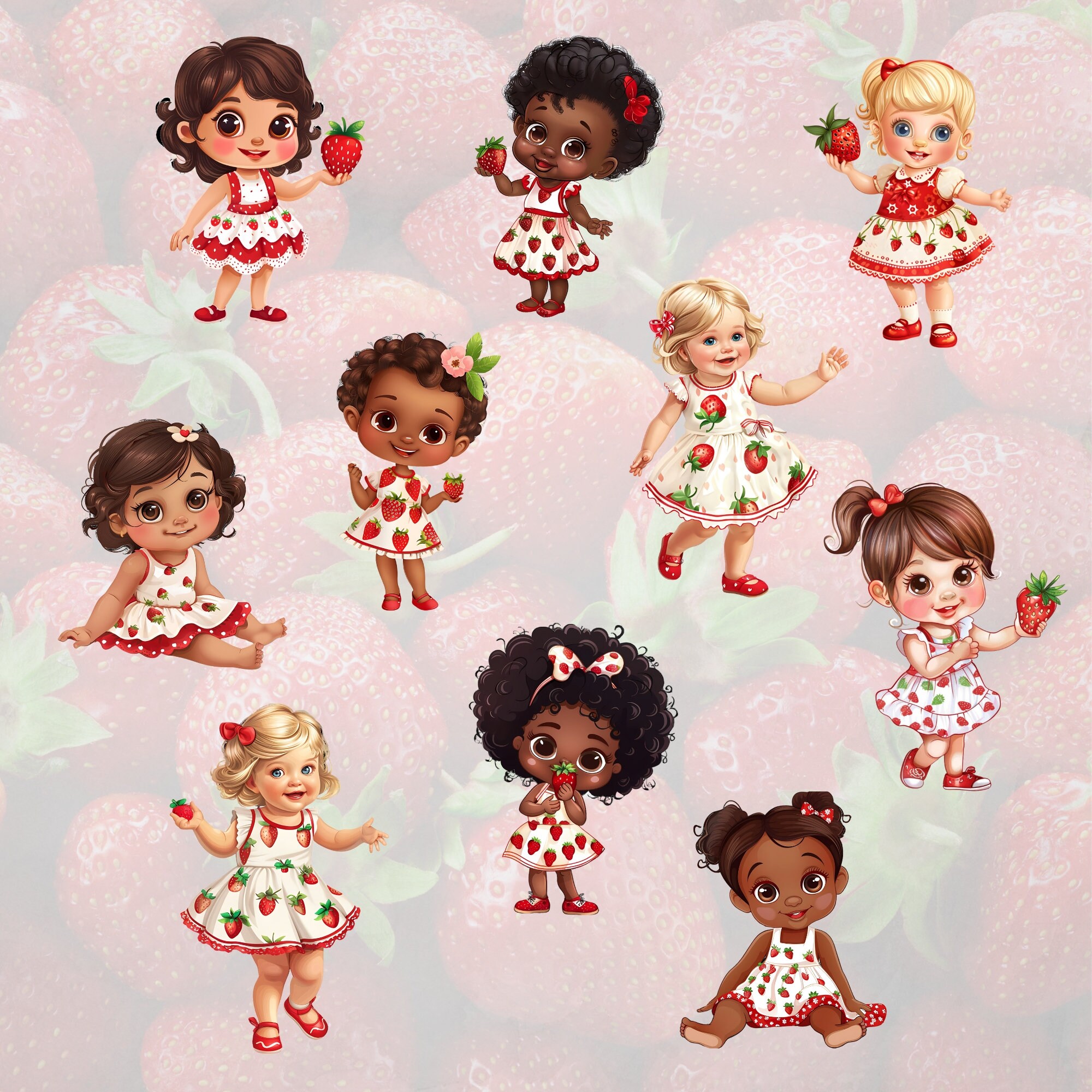 Cute Strawberry Baby Girl Clipart Watercolor PNG Pack Toddler Berry ...