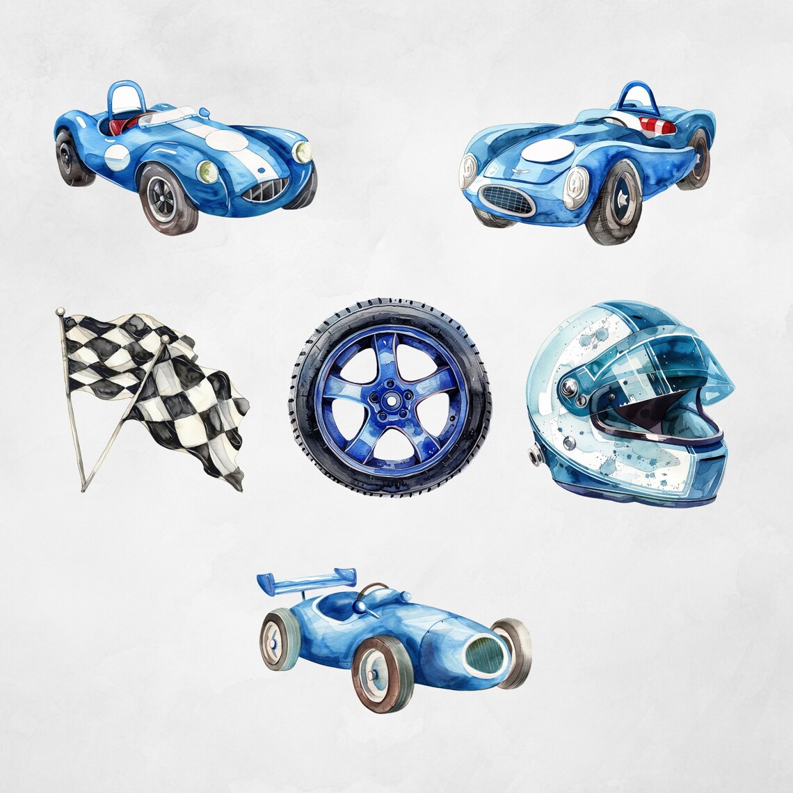 Blue Race Car Watercolor Clipart PNG Bundle Set Nursery Boy Baby Shower ...
