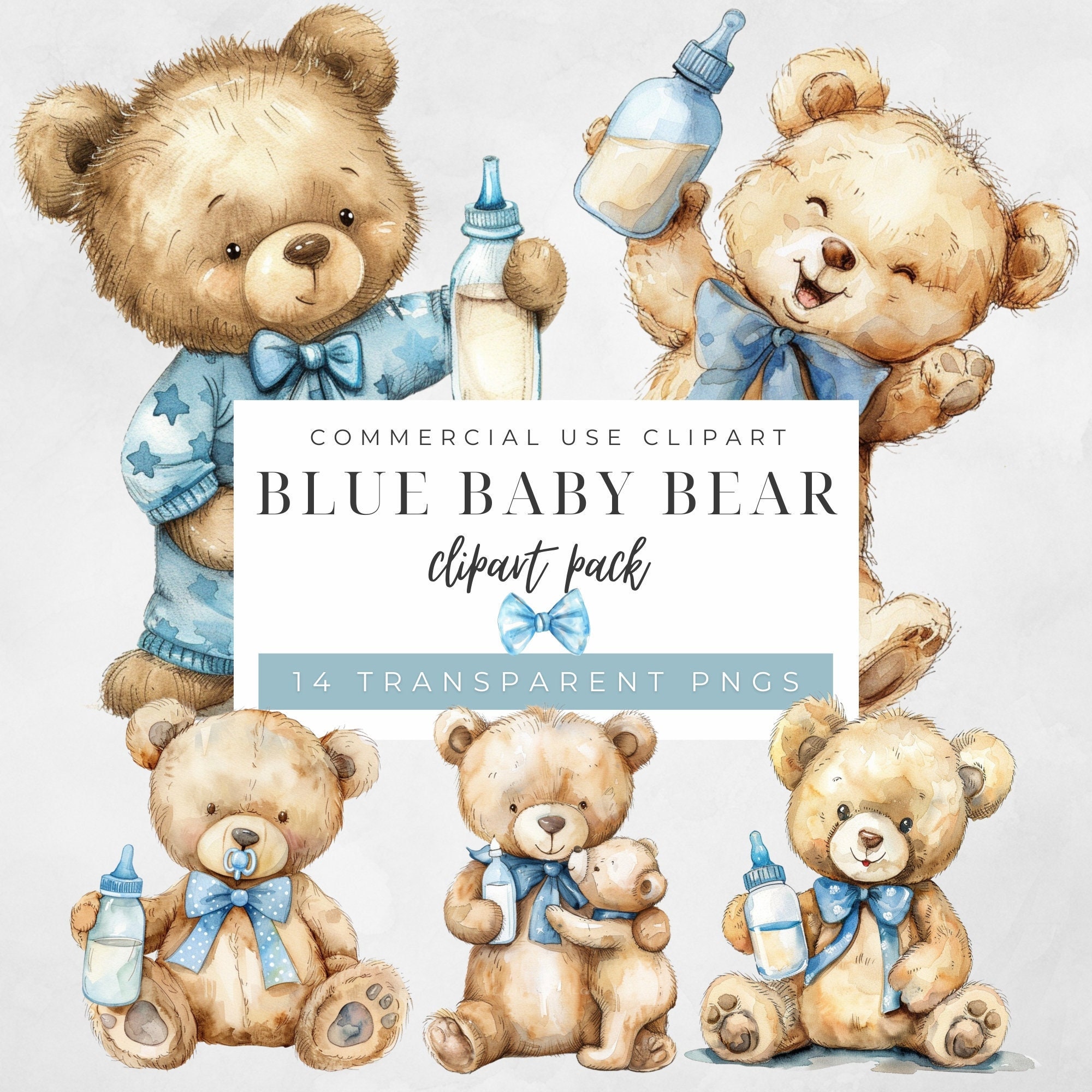 Blue Baby Bottle Bear Watercolor PNG Bundle Set Pacifier Transparent ...
