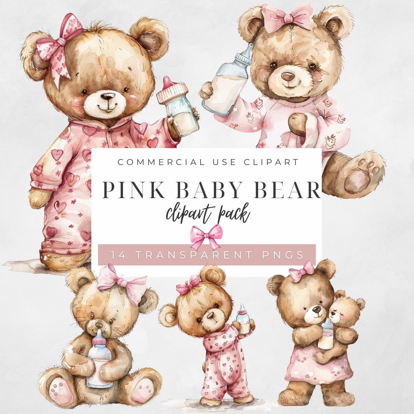 Pink Baby Bottle Bear Watercolor PNG Bundle Set Pacifier Transparent ...
