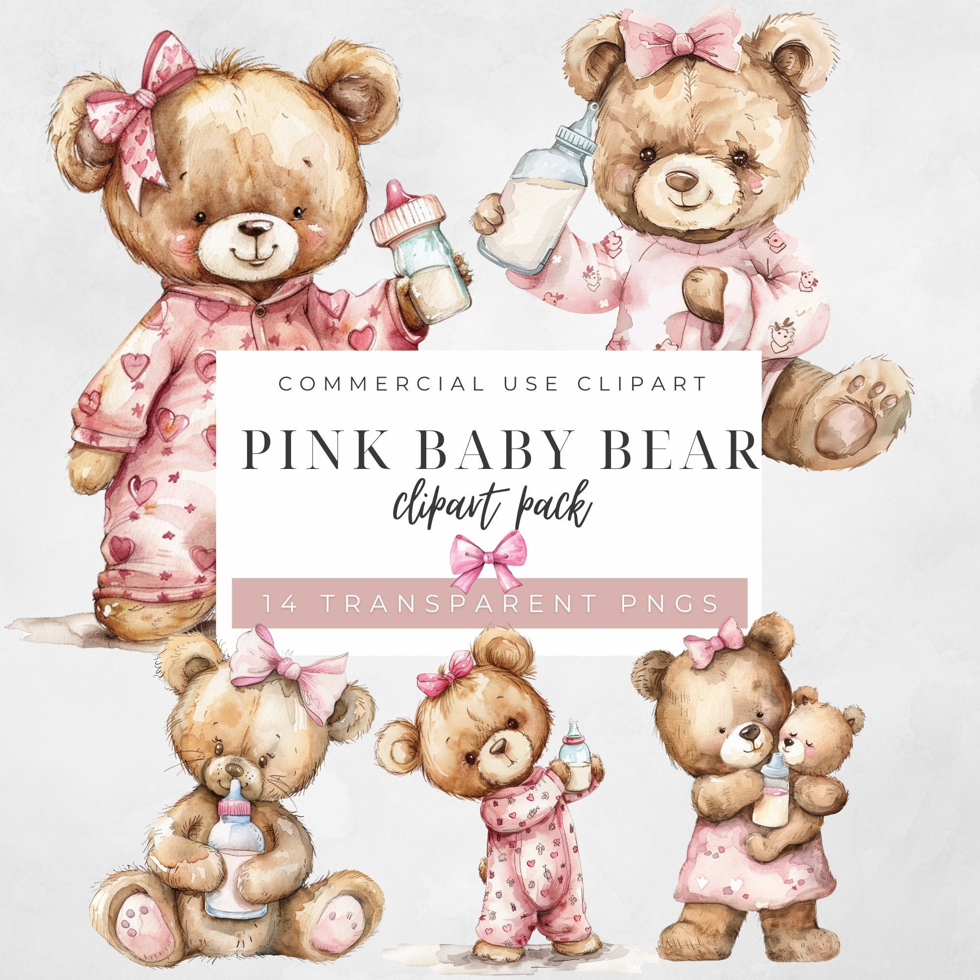Pink Baby Bottle Bear Watercolor PNG Bundle Set Pacifier Transparent ...